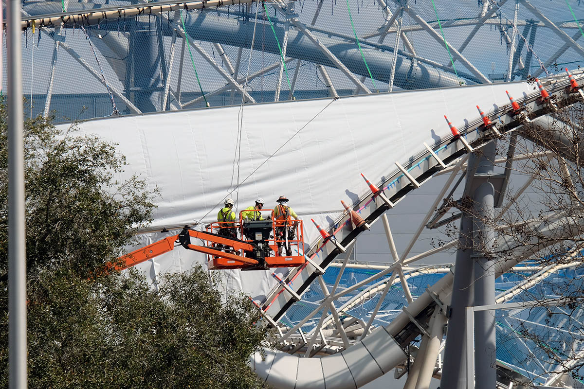 Canopy being installed on exterior of TRON at Magic Kingdom